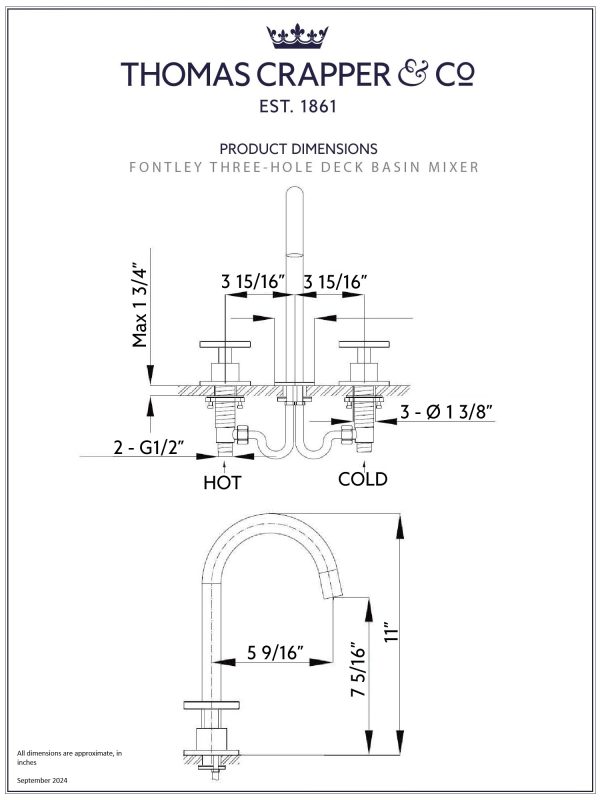 Fontley Three tap-hole basin mixer from Thomas Crapper & Co Ltd
